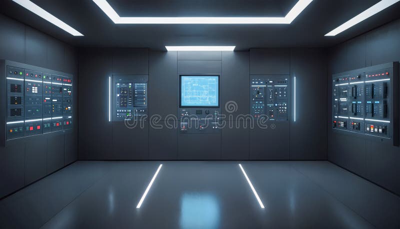 A Futuristic Control Room or Server Room with Glowing Displays and ...