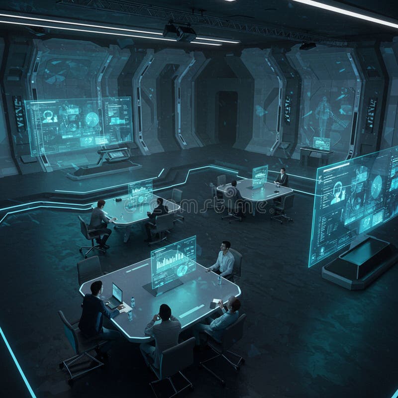 Futuristic Control Room with Several Tables, Each Equipped with Large ...