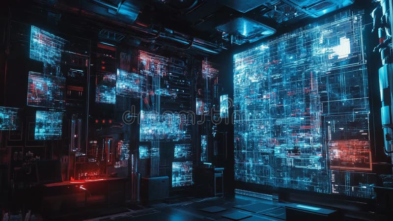 Futuristic Control Room Showing Complex Data Analysis on Multiple ...