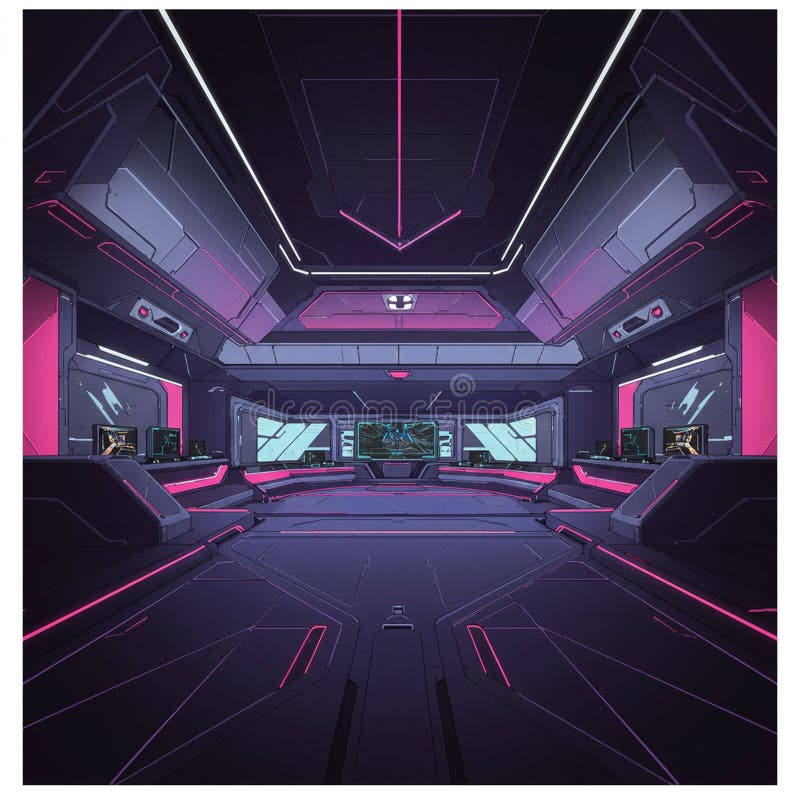 Futuristic Control Room with Sleek Metallic Surfaces, Featuring Angular ...
