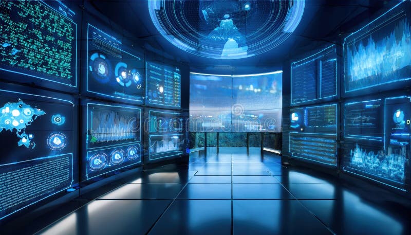 Futuristic Control Room with Transparent Data Screens and a Luminous AI ...