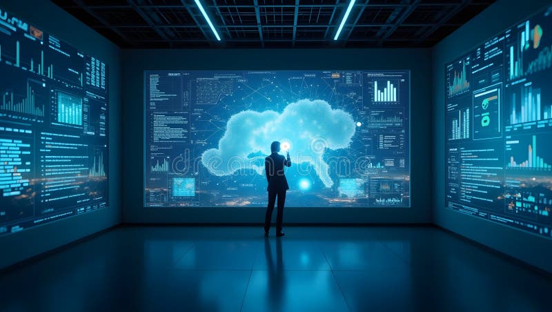 Futuristic Control Room with Transparent Data Screens and a Luminous AI ...