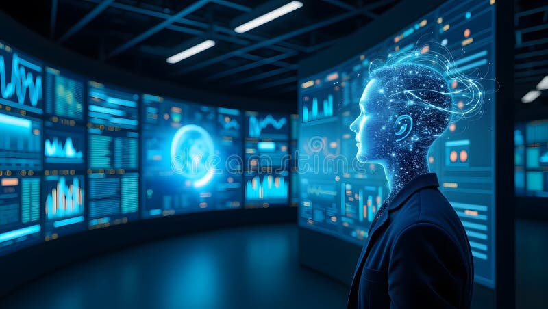 Futuristic Control Room with Transparent Data Screens and a Luminous AI ...