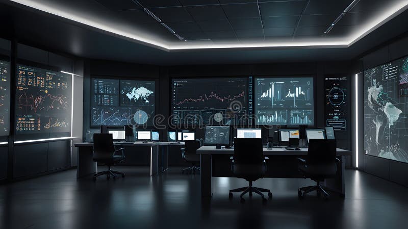 Futuristic Control Room with Transparent Data Screens and a Luminous AI ...