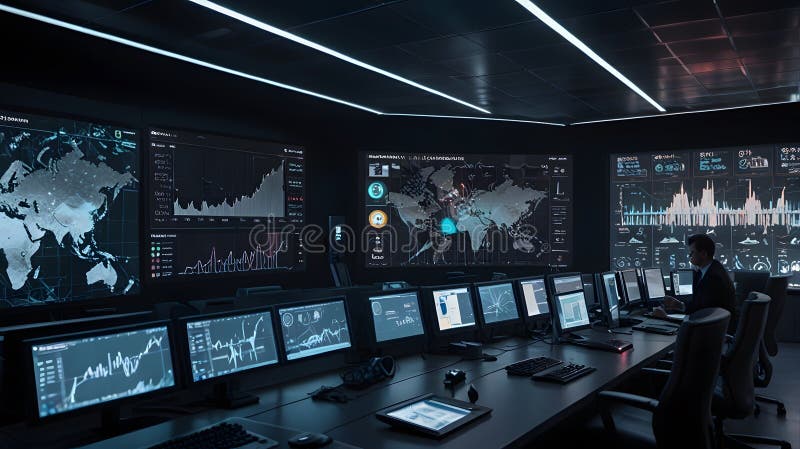 Futuristic Control Room with Transparent Data Screens and a Luminous AI ...