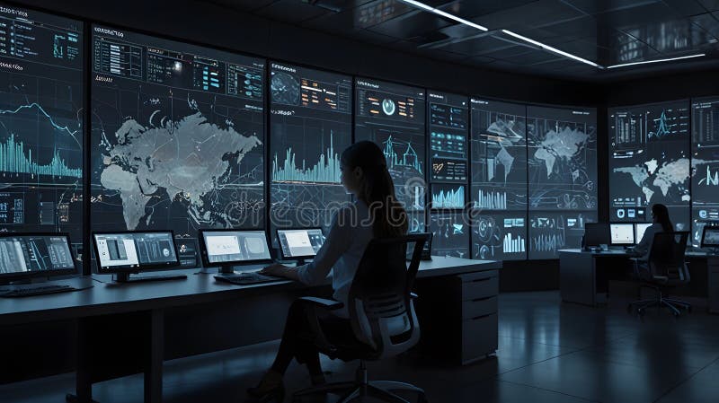 Futuristic Control Room with Transparent Data Screens and a Luminous AI ...