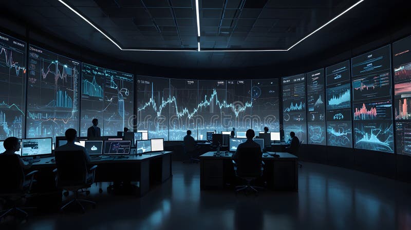 Futuristic Control Room with Transparent Data Screens and a Luminous AI ...