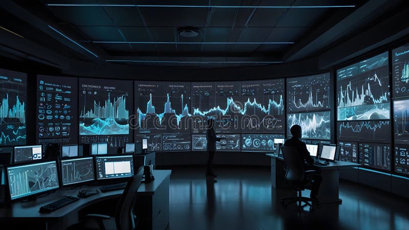 Futuristic Control Room with Transparent Data Screens and a Luminous AI ...