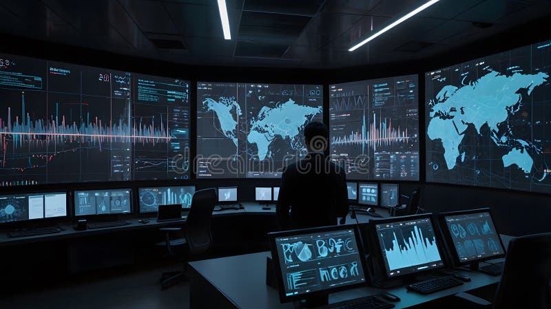 Futuristic Control Room with Transparent Data Screens and a Luminous AI ...
