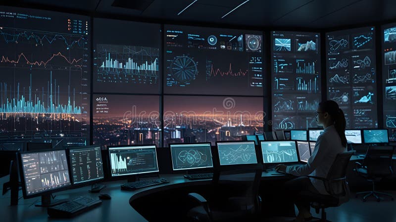 Futuristic Control Room with Transparent Data Screens and a Luminous AI ...