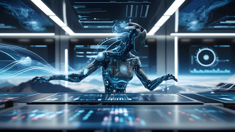 Futuristic Control Room with Transparent Data Screens and a Luminous AI ...