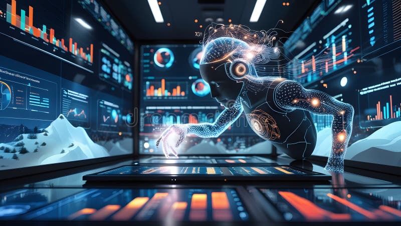 Futuristic Control Room with Transparent Data Screens and a Luminous AI ...