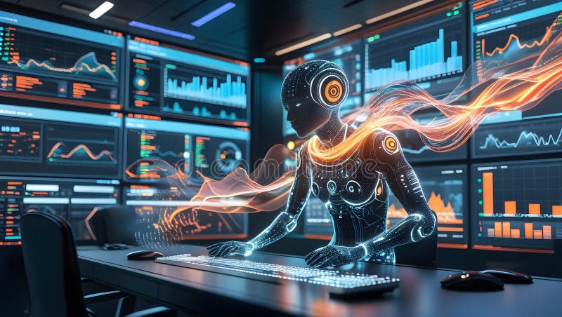 Futuristic Control Room with Transparent Data Screens and a Luminous AI ...