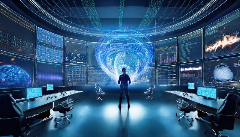 Futuristic Control Room with Transparent Data Screens and a Luminous AI ...