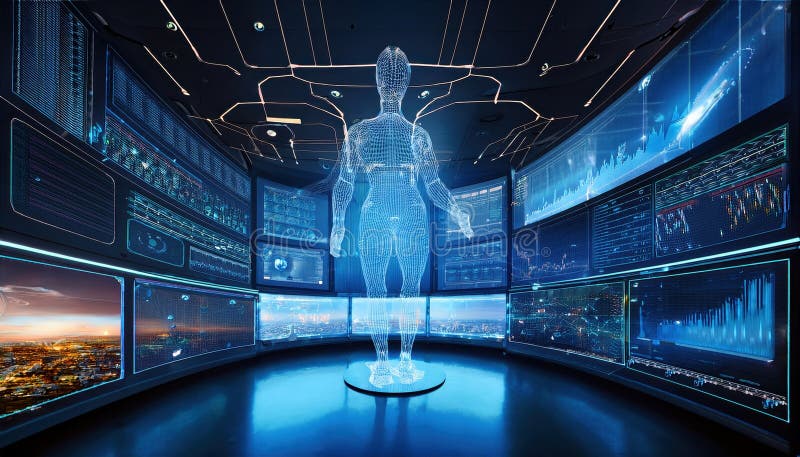 Futuristic Control Room with Transparent Data Screens and a Luminous AI ...