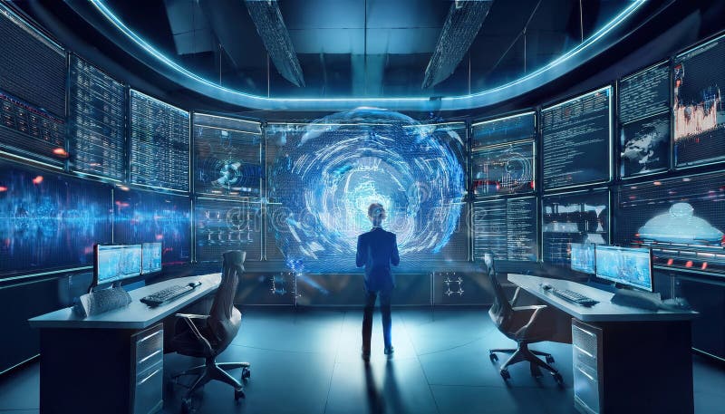 Futuristic Control Room with Transparent Data Screens and a Luminous AI ...