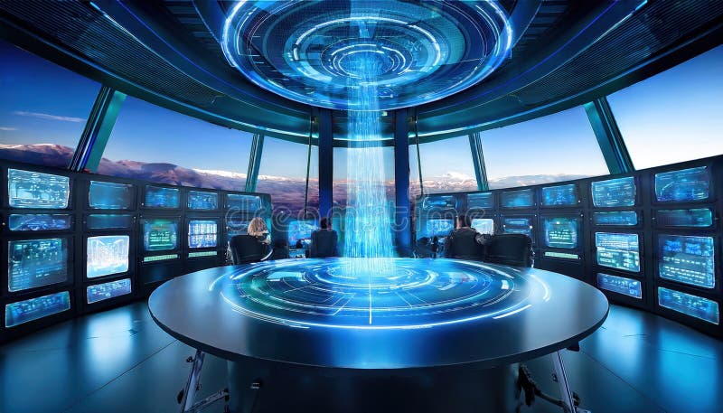 Futuristic Control Room with Transparent Data Screens and a Luminous AI ...
