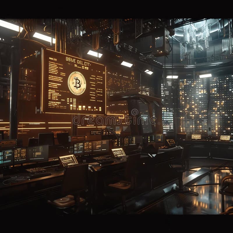 A Futuristic Control Room with a Warm Orange Glow, Dominated by a Large ...