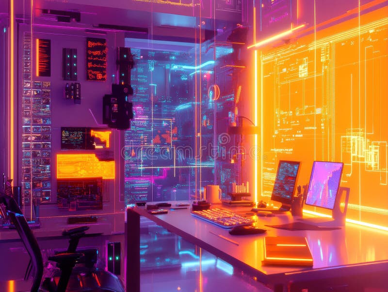 Futuristic Control Roomcommand Center with a High-tech Desk, Multiple ...