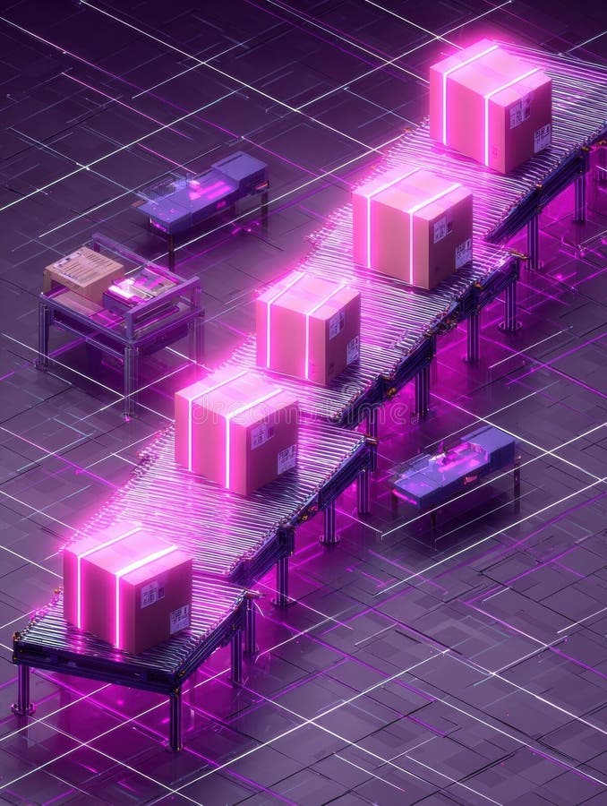 Futuristic Conveyor Belt Transporting Glowing Packages in a High-Tech Warehouse Environment ...