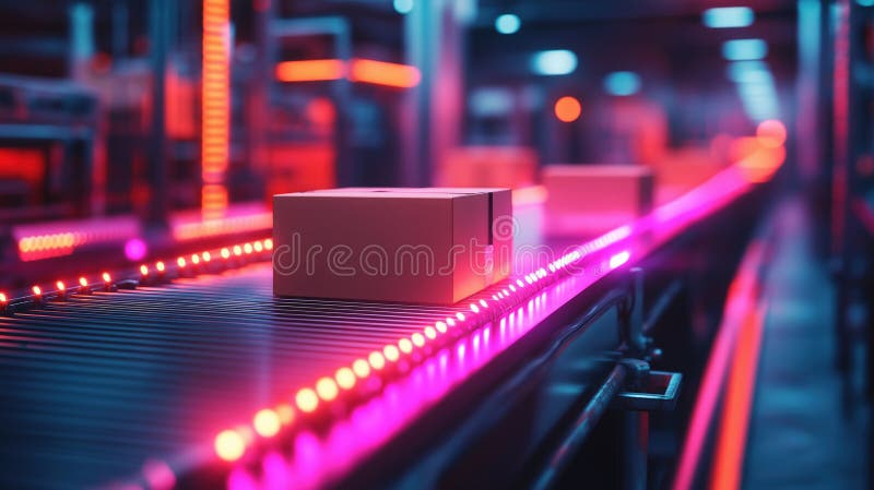 Futuristic Conveyor System with Glowing Lights in an Automated Factory ...