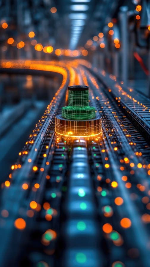 Futuristic Conveyor System with Glowing Lights and Digital Interface ...