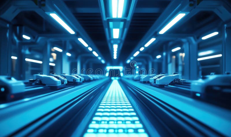 Futuristic Conveyor System with Glowing Lights and Vehicles Stock Image ...