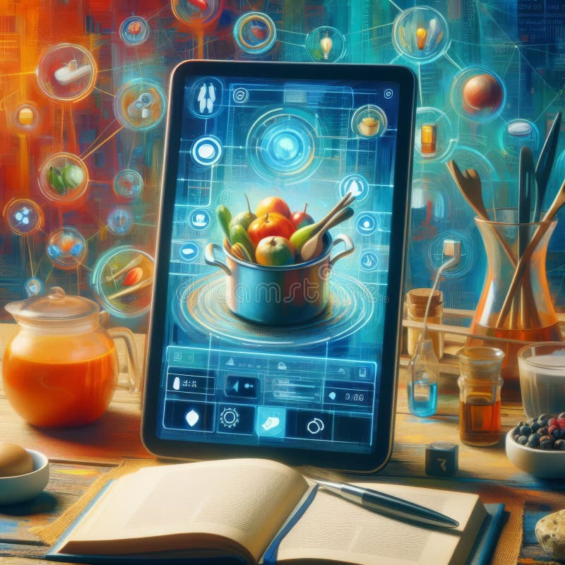 Futuristic Cooking with Digital Interface Tablet Stock Photo - Image of ...