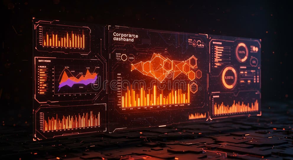 Futuristic Corporate Dashboard Interface with Various Data Visualizations, Including Stock ...
