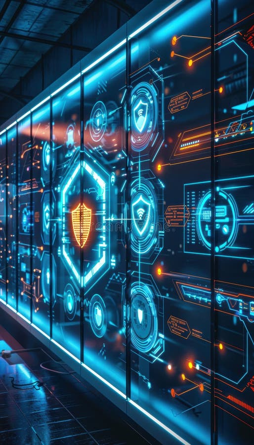 Futuristic Cybersecurity Presentation Room with Holographic Shields and ...