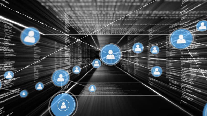 In Futuristic Corridor, Animation of Connected User Icons Over Digital ...