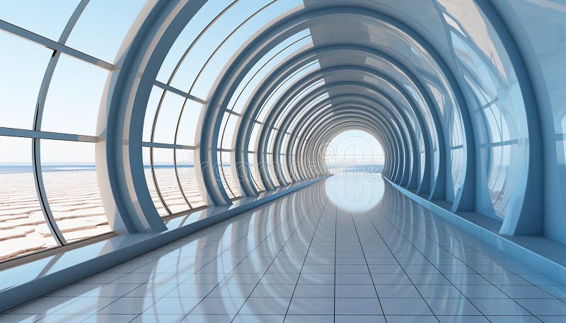 Futuristic Corridor, Bright Blue Glass, Vanishing Point, Clean Design ...