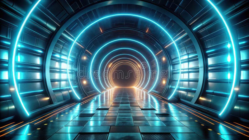 Futuristic Corridor with Bright Neon Lights and Reflective Floor a Sci ...
