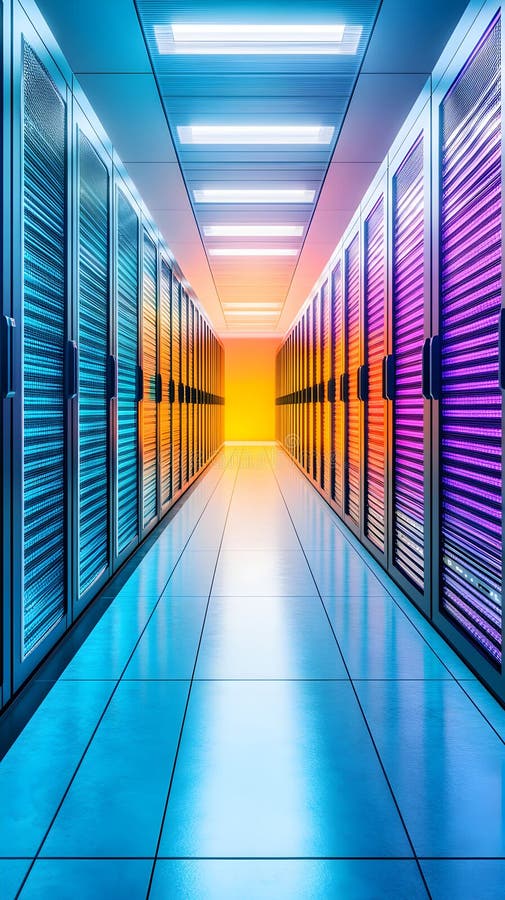 Brightly Lit Corridor in a Modern Data Center Showcasing Server Racks ...