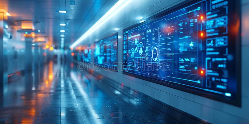 Futuristic Corridor with Digital Screens Displaying Complex Data and ...