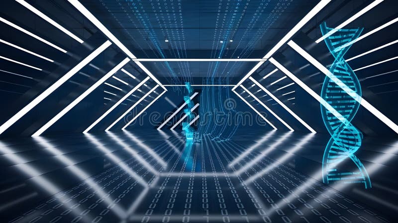Futuristic Corridor with DNA Structure and Binary Code Stock ...
