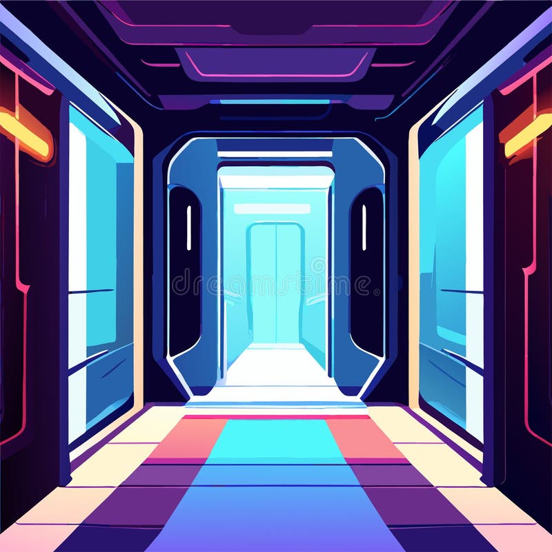 Futuristic Corridor with Doors and Windows. Vector Illustration in ...