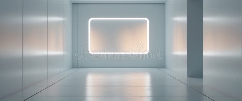 A Futuristic Corridor Features a Glowing Rectangular Display on a Wall ...