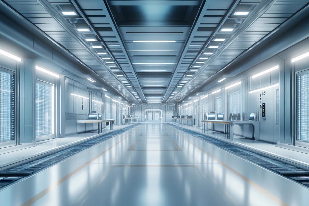 Futuristic Corridor Featuring Advanced Biometric Access Systems and ...