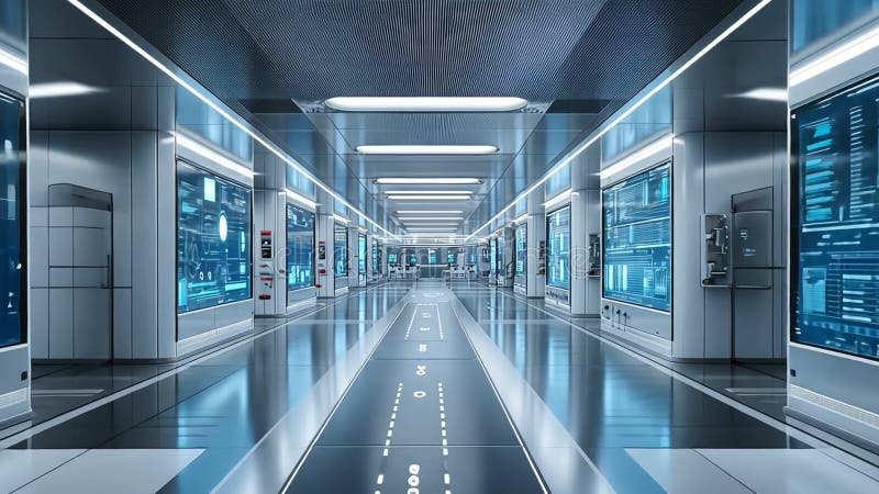 Futuristic Corridor Featuring Sleek Design and Illuminated Technology ...