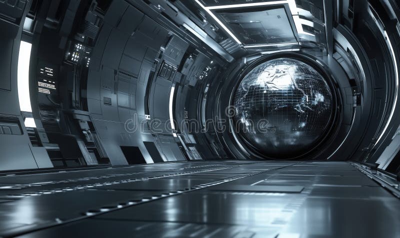 Futuristic Corridor with Globe Projection, Sleek Metallic Design ...