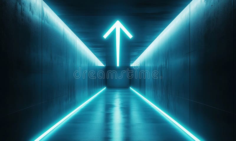 Futuristic Corridor with Glowing Arrow Sign Directing Forward in Dark ...