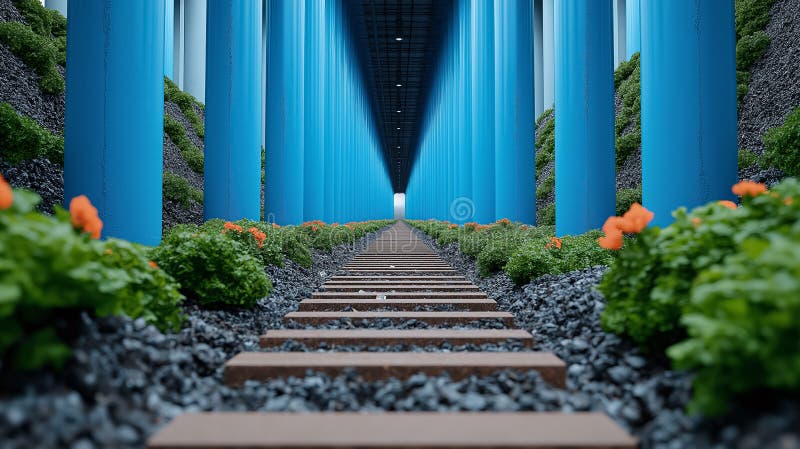 Futuristic Corridor with Glowing Blue Columns and Path Stock ...