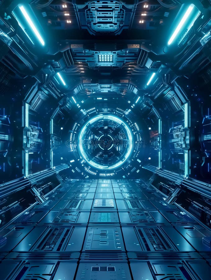 Futuristic Corridor with Glowing Blue Lights and Circular Portal ...
