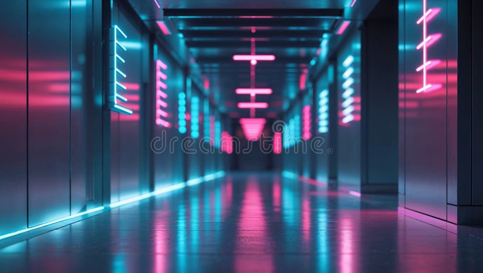 Futuristic Corridor with Glowing Directional Signs Stock Photo - Image ...