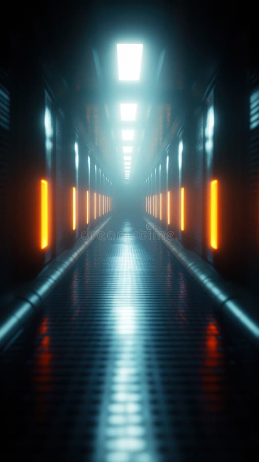 Futuristic Corridor with Glowing Lights and Reflections Stock ...
