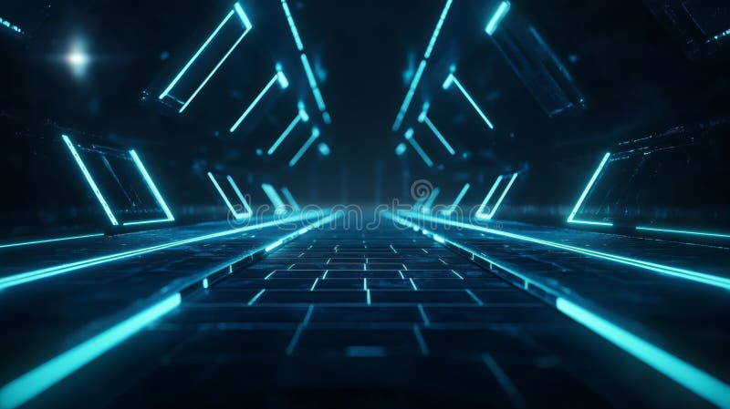 Futuristic Corridor with Glowing Neon Blue Lights and Reflective ...