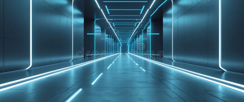 Futuristic Corridor with Glowing Neon Blue Lines Lights Abstract ...