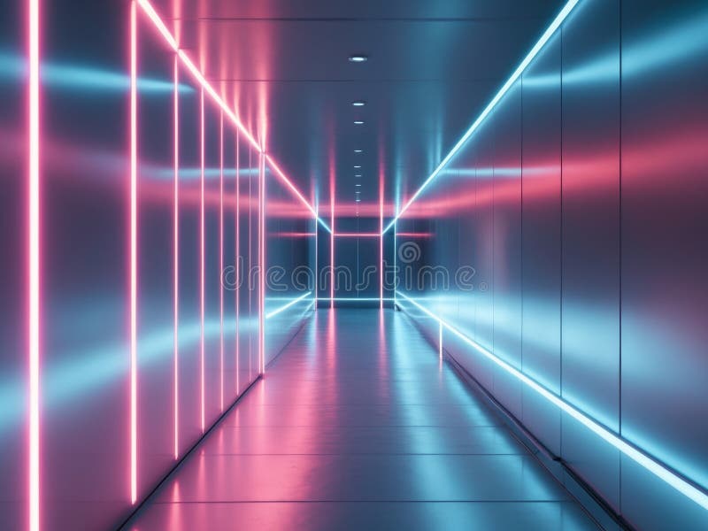 Futuristic Corridor Illuminated by Red Neon Lights in a High-tech, Sci ...