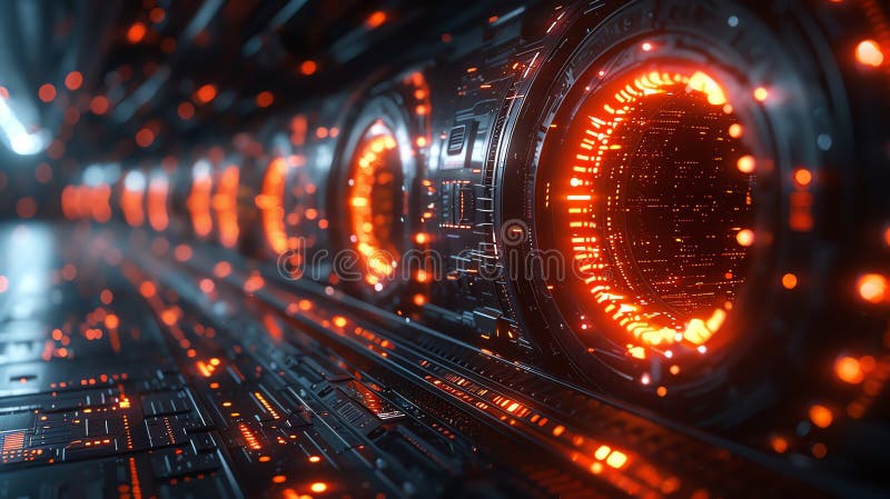 Futuristic Corridor with Glowing Orange Lights and Advanced Technology ...